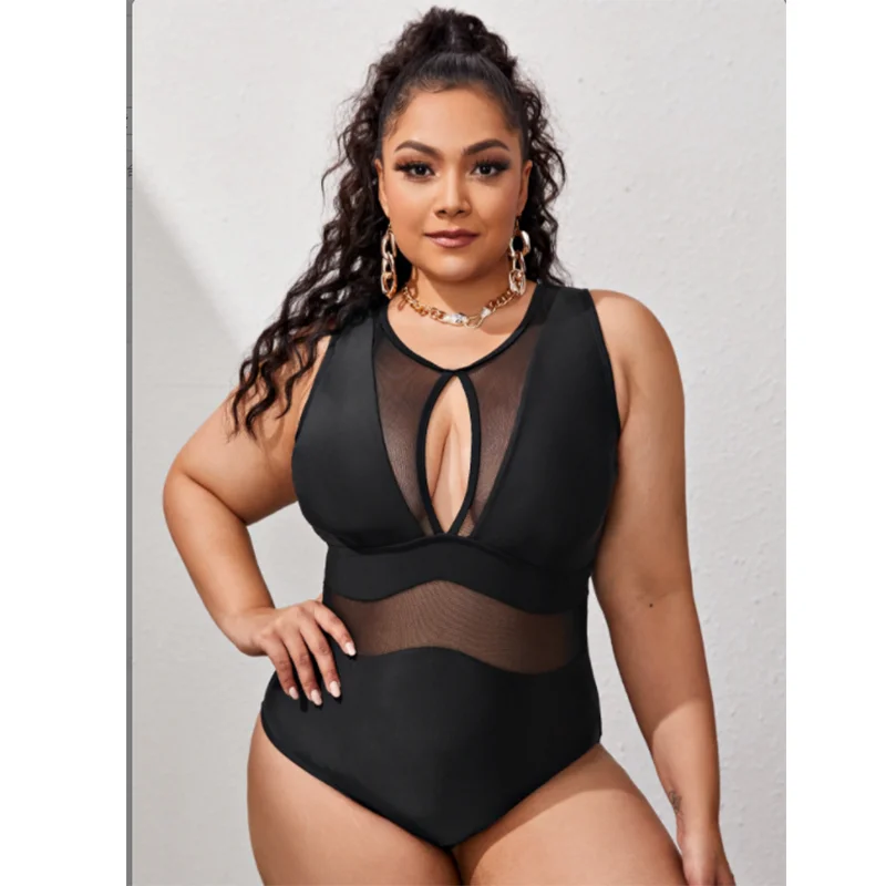 2023 New Design Damo Plus Size One Piece Swimsuits Sexy Hollow Out Mesh Sexy Monkini Recycled