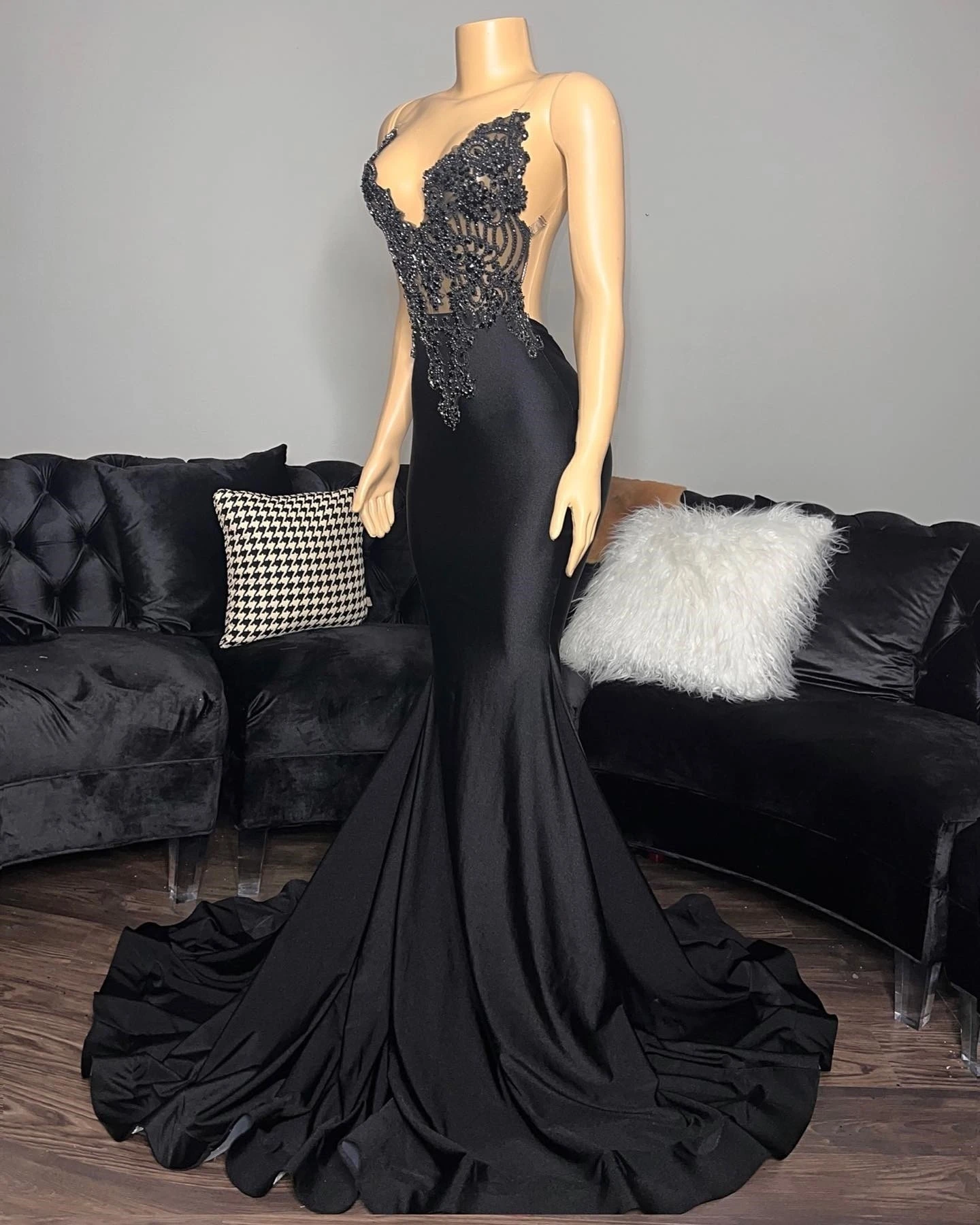 Ocstrade Hand Made Rhinestone Black Prom Party Dresses 2023 Ball Gown Backless Low Cut Prom
