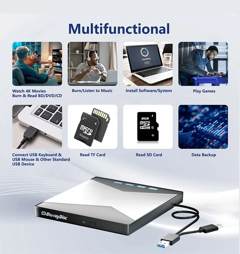 UHD 4K Blu-Ray Burner USB3.0 Type-C External Optical DVD Drive