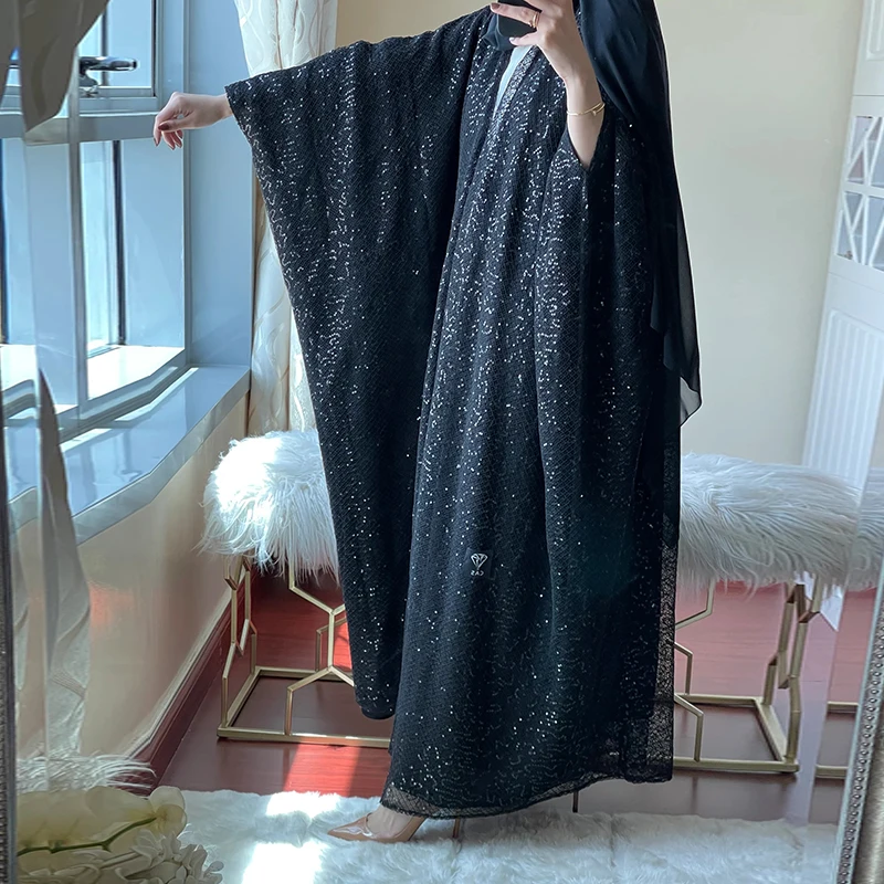 Premium Black Glitter Open Abaya for Muslim Women - Custom Bat Sleeve ...