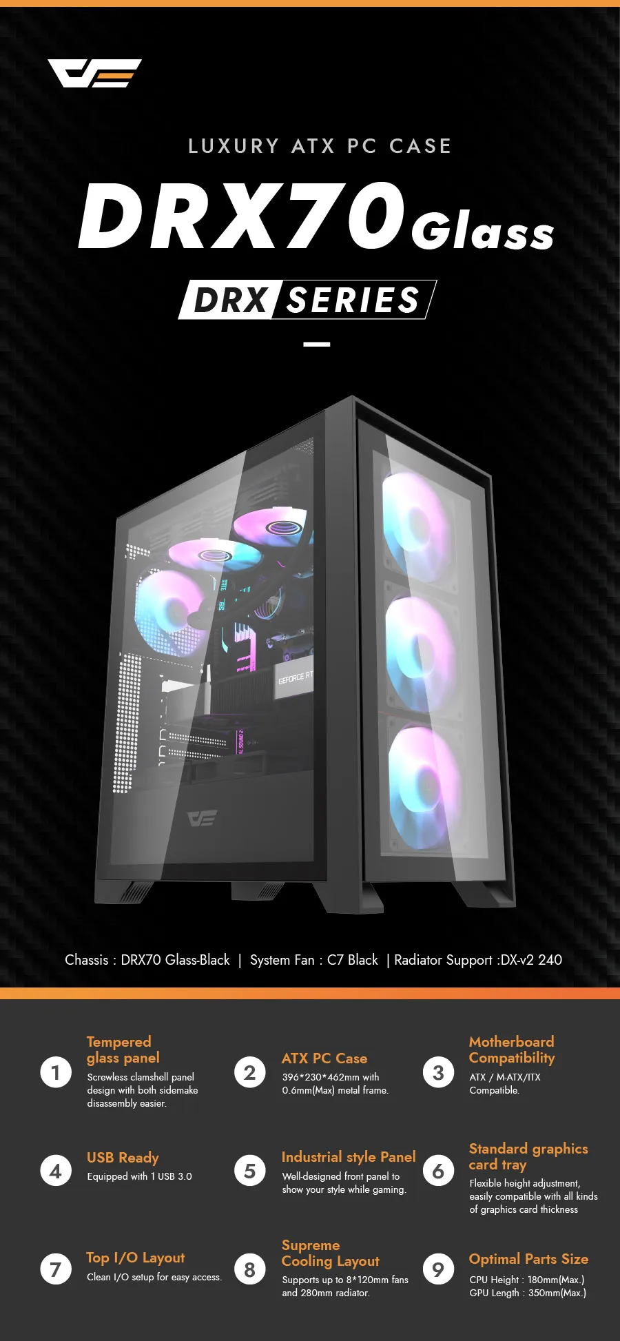 Darkflash Drx70 Glass Atx Magnetic Front Panel With Cooling Fans Case ...