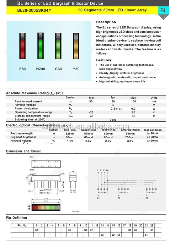 Taidacent BL28-3005SK04Y 28 Segments LED Bar Graph Display Panel Meter Yellow VU Meter LED Beam ...