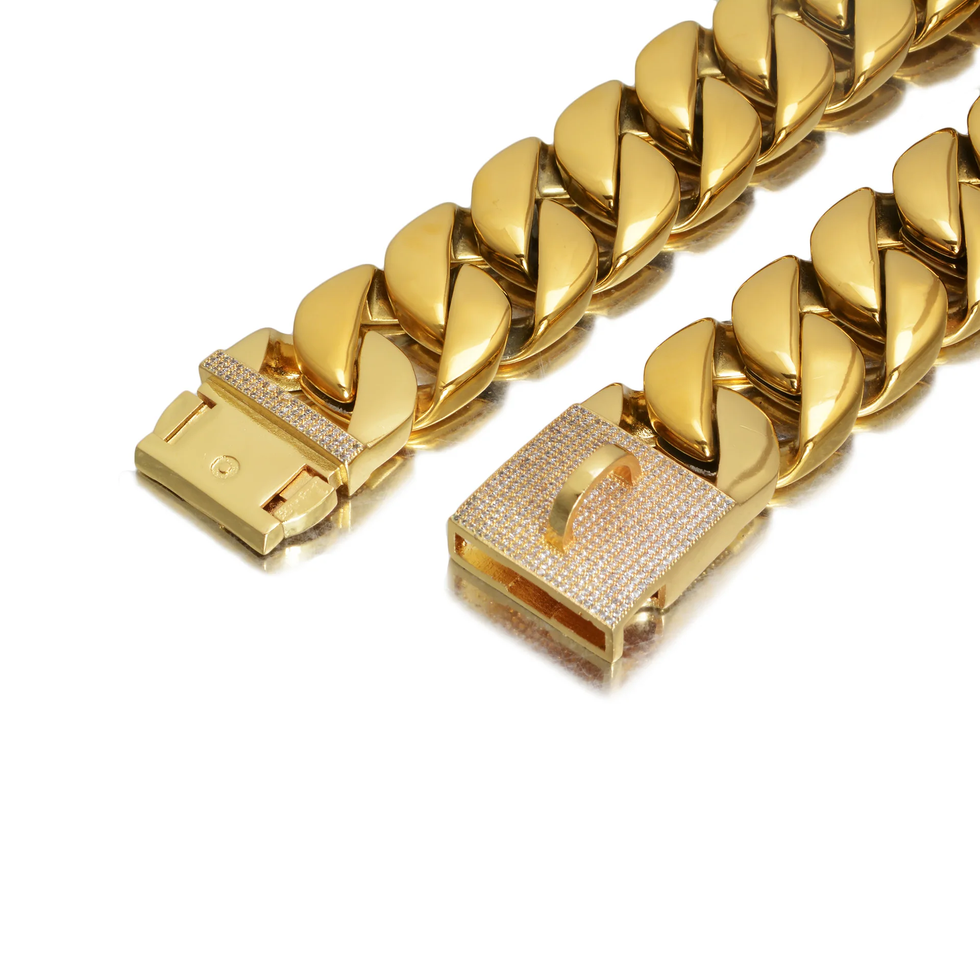 32mm Stainless Steel Gold Diamonds Bail Pet Bull Dog Thick Chain Collar ...