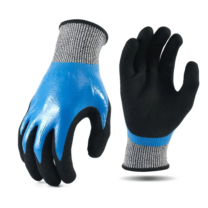 Factory HPPE Knitted Liner Waterproof Oil Resistant Double Nitrile Dipped Wear Resistant Safety ...
