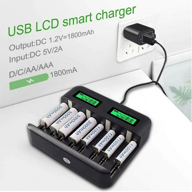 H0045 LCD Display 8-slot Smart Battery Charger for AA/AAA C/D ...