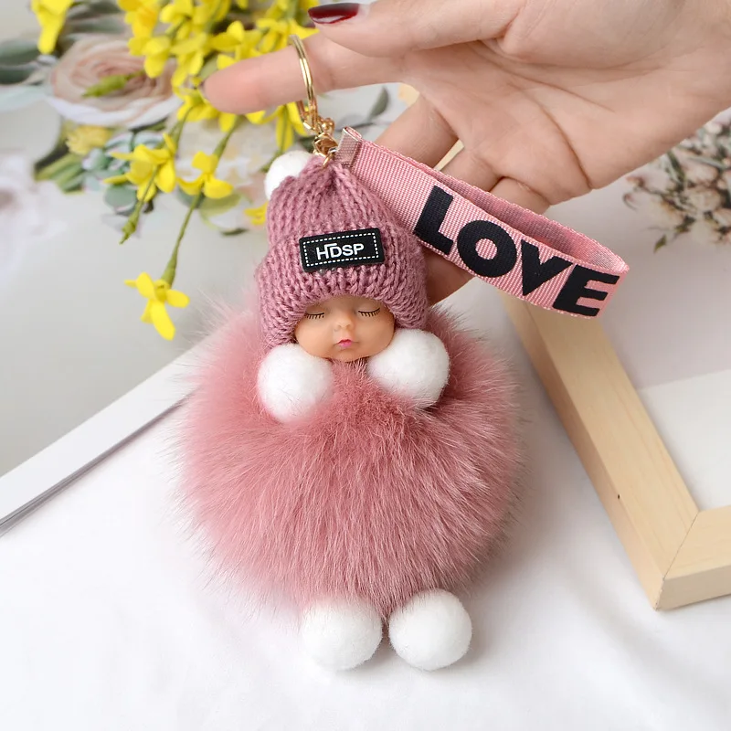 Kawaii Sleeping Baby Doll Plushie Keychain Plush Doll Rabbit Fur Pom ...