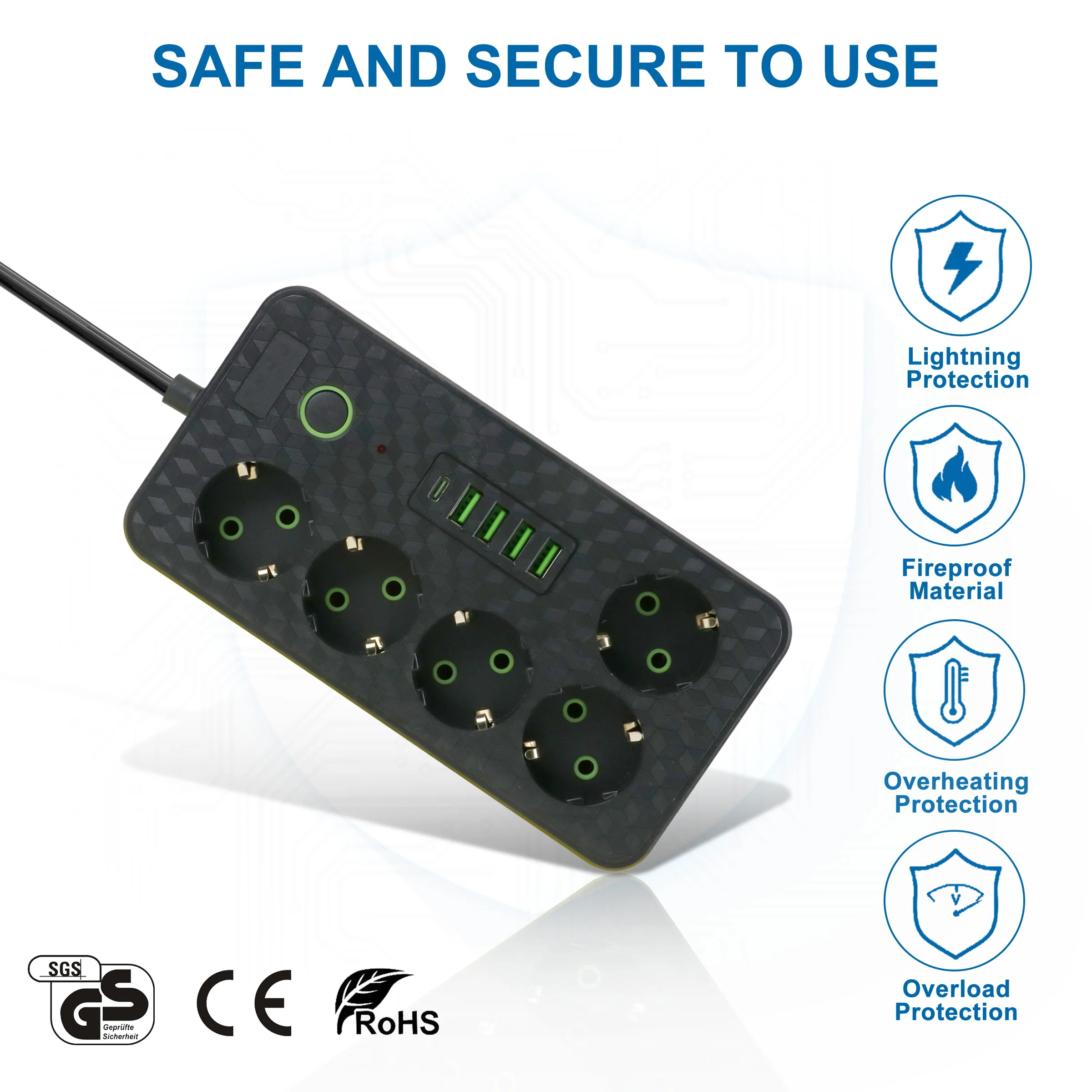 GELISTAR Power Strip - 4 Gang 4 USB 1 Type C Extension Socket