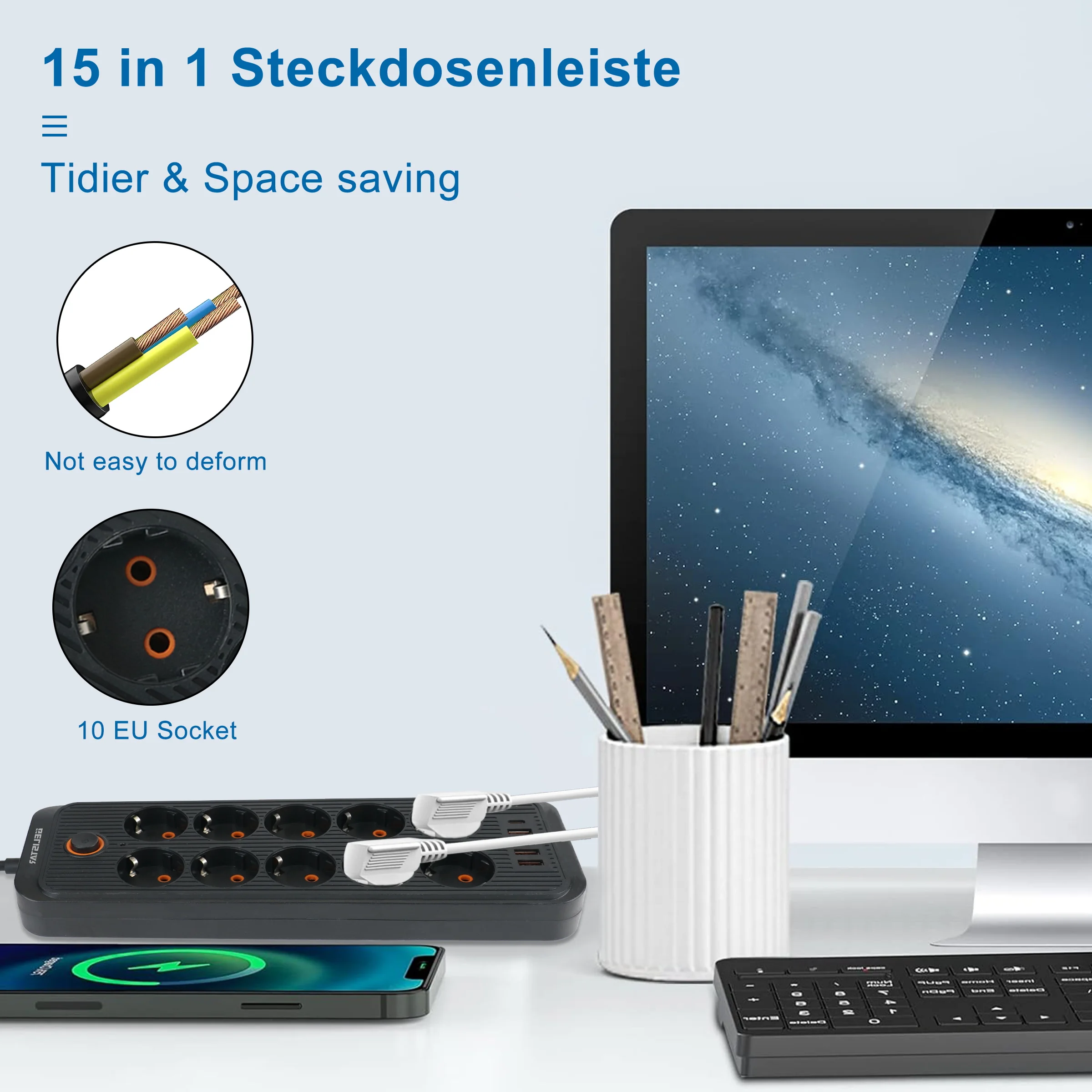 European Power Socket 10 Outlets With 4 USB and 2 Type C Color Black ...