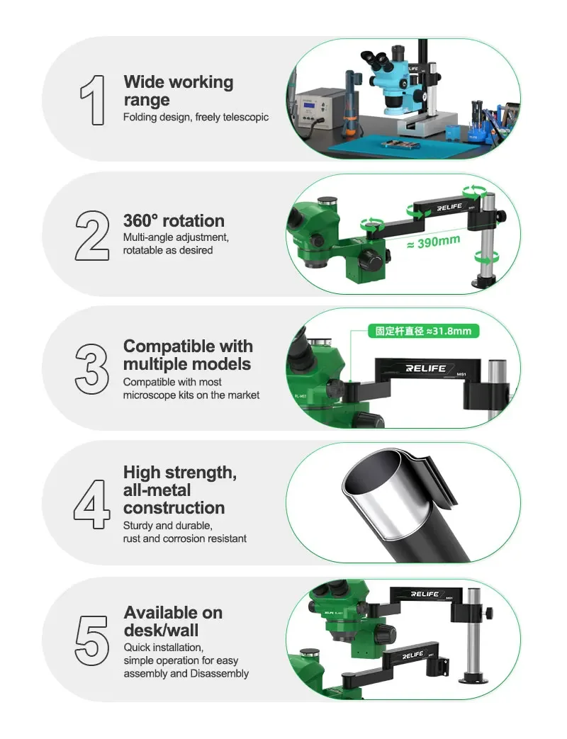 RELIFE MS1 Rotating Microscope Folding Stand Swing Arm Wall-mountable ...