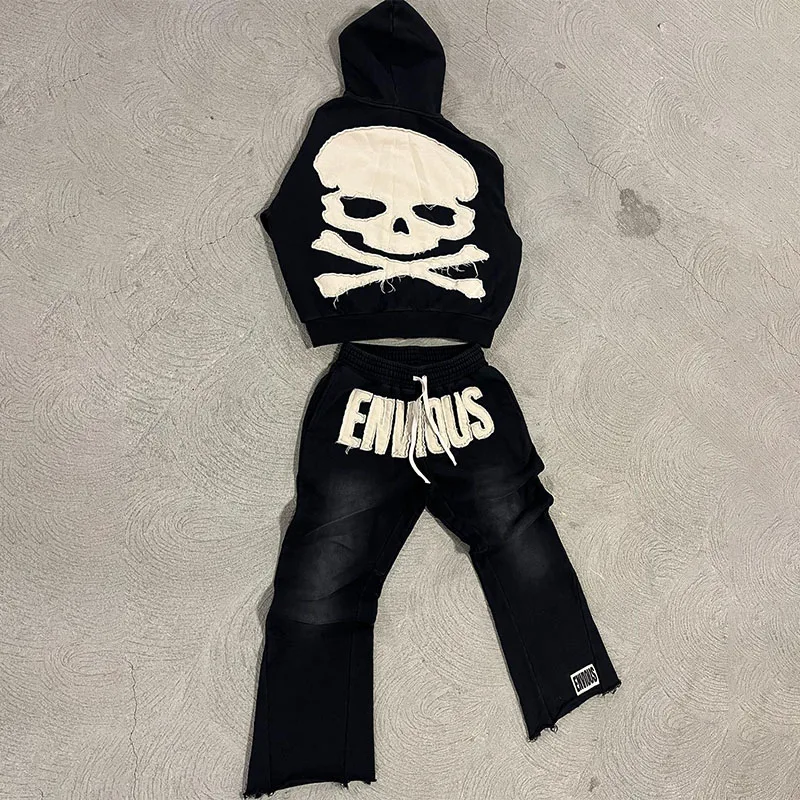 Custom Jogger 2 Piece Set Applique Embroidery Distressed Patch Hoodie ...