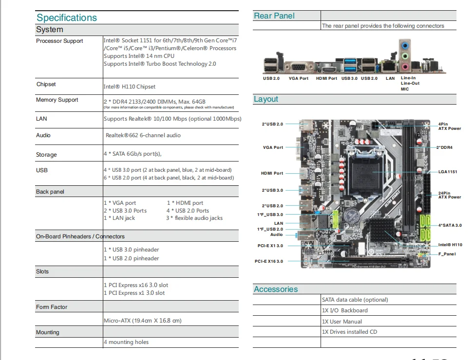 Esonic H110 Motherboard Socket 1151 For 6-9th Gen Core I7 /core I5/core ...