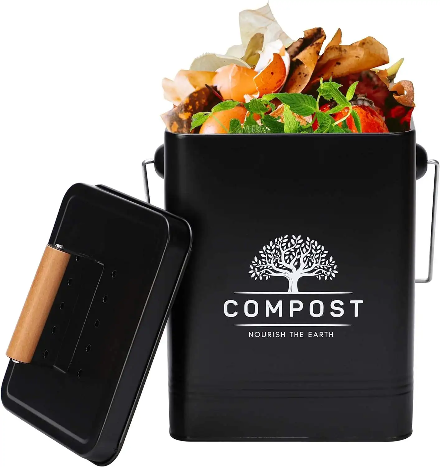 Wooden Handle Food Waste Storage Bucket Garden Countertop Kitchen ...