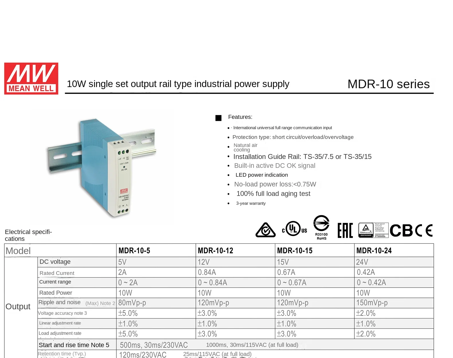 Original Power Supply Mdr-10 Series 10w 5v-48v 2a0.42a Single Set Rail ...