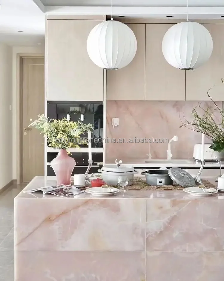 Pink Onyx Marble Slab - Translucent Kitchen Island Top