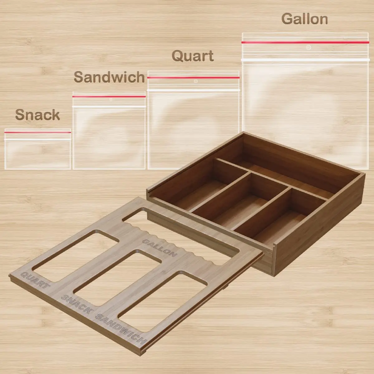 Bamboo Kitchen Drawer Dispenser Wooden Baggie Food Storage Bag Holders ...