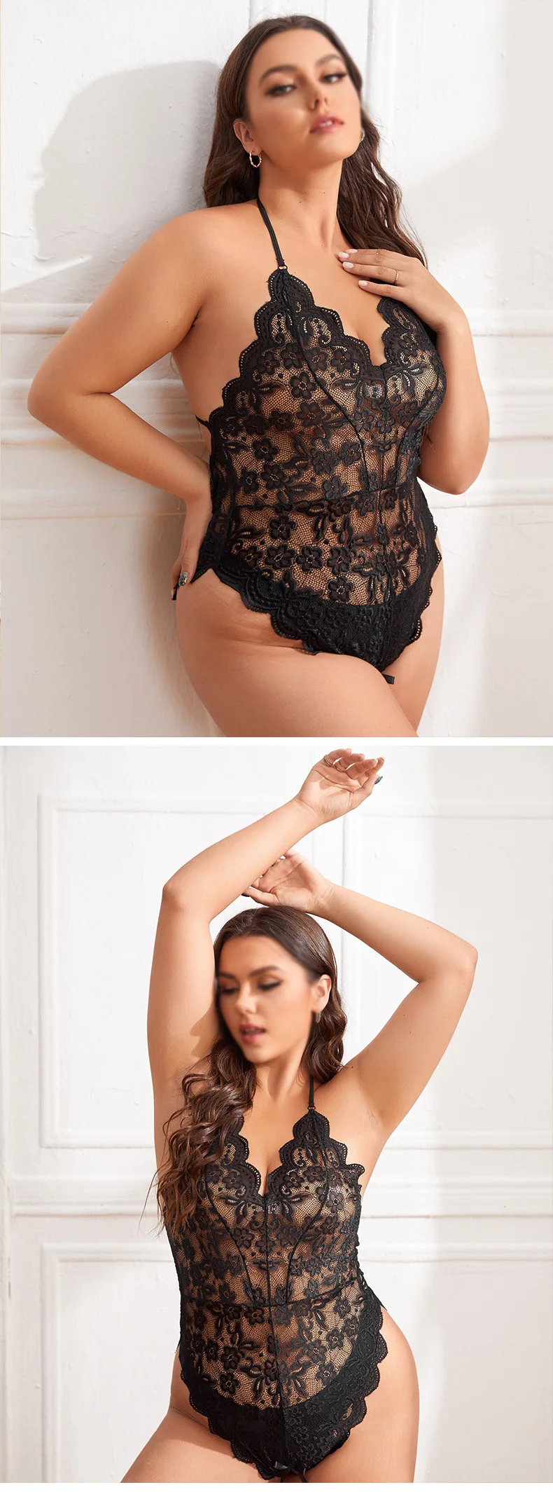 New Sexy One Piece Black Plus Size Perspective Lace Sexy Lingerie One