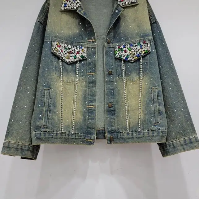 Retro Color Diamond Denim Jacket 2024 Spring Rhinestone Loose Long ...