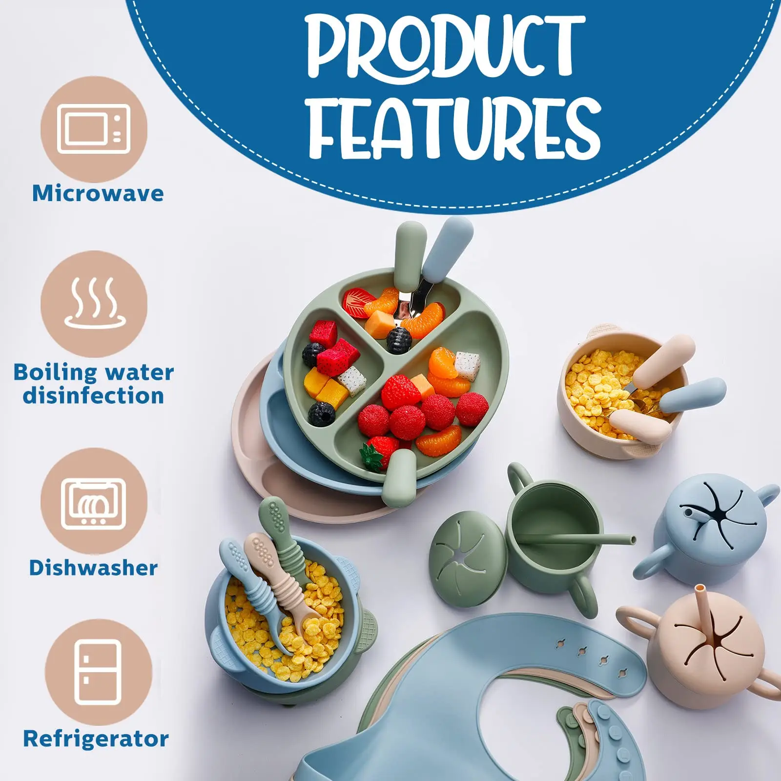 Newborn100% Food Grade Bpa Free Silicone Baby Bib Set Tableware Plate ...