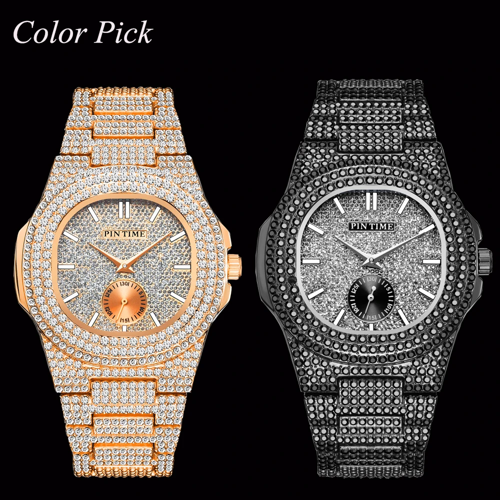 Pintime Rose Gold Wrist Watches Men Luxuries Quartz Hip Hop Men Iced ...