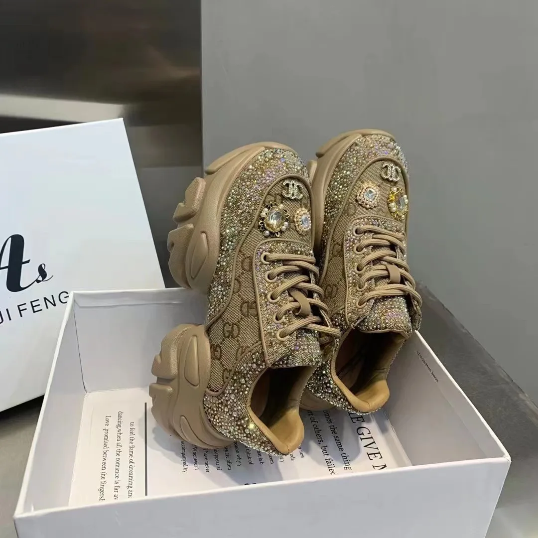 Sports Diamond Inlaid Thick Sole Casual Shoes Women's Thick Sole Round ...