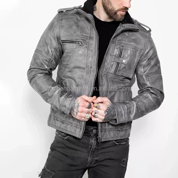 Fashion Classic Men Grey Wash Distressed Leather Pu Fabric Imitation ...