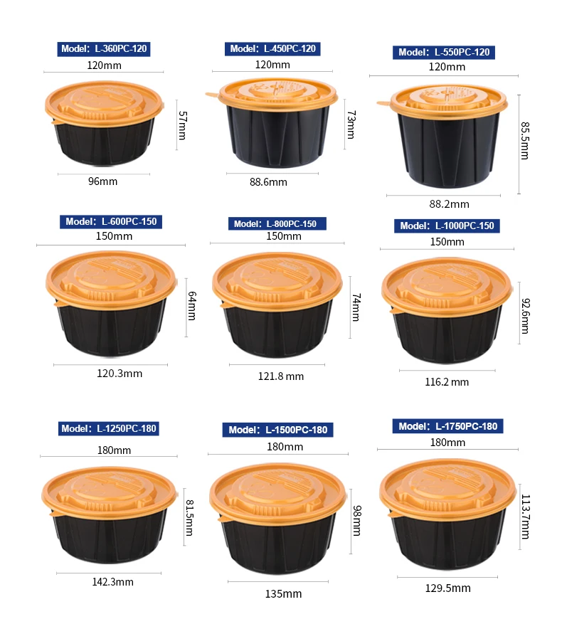 OTOR 42oz Meal Prep Containers for Food Storage Disposable Black Round ...