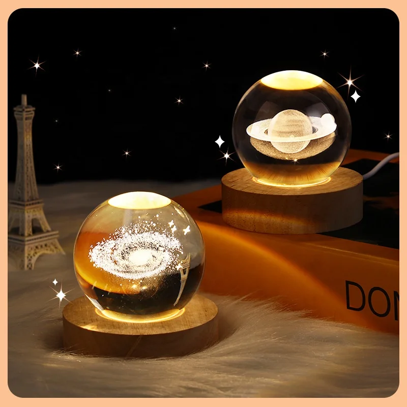 3D Planets Crystal Ball Night Lamp with LED Stand - Warm Light for Home ...