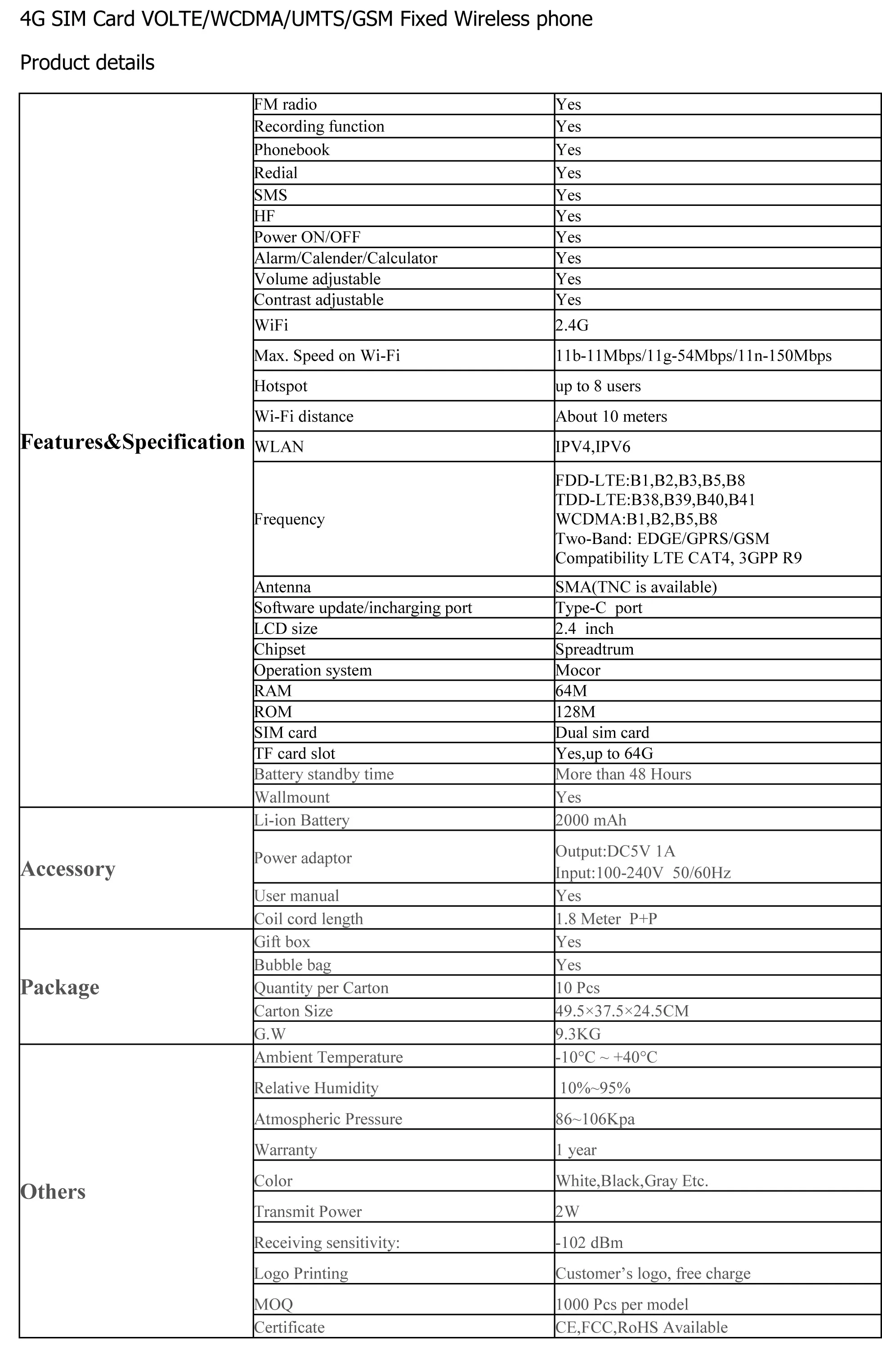 ESN-10C 4G VoLTE big key SIM card fixed wireless desktop phone with ...
