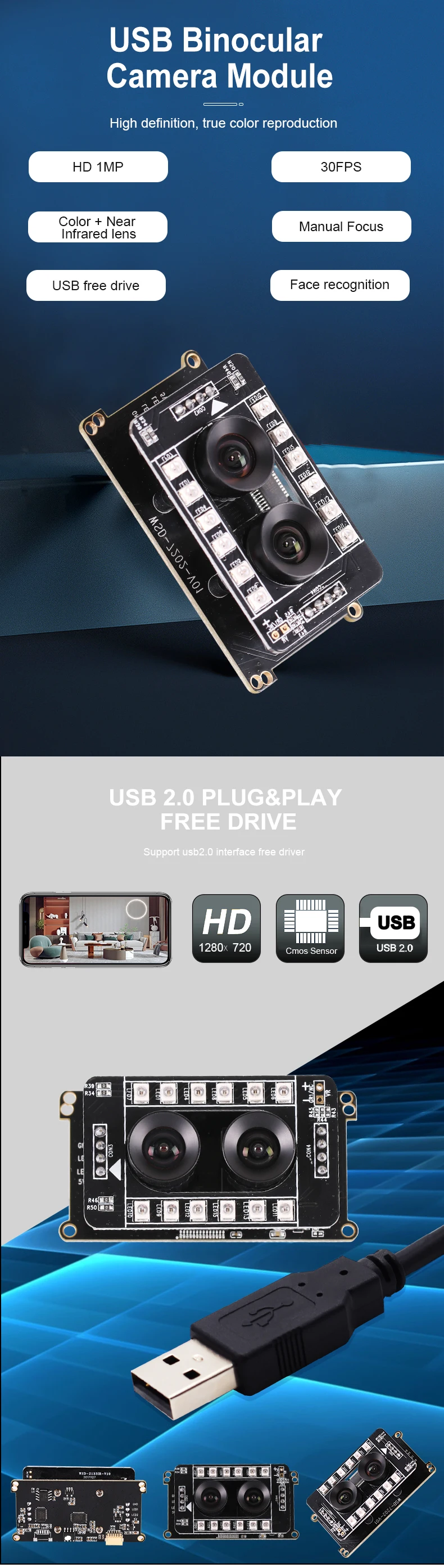 Dual Lens RGB CMOS Sensor Night Vision HD 720P USB 2.0 Face Recognition ...