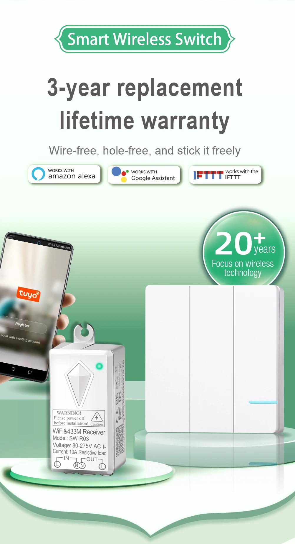 IP66 Wireless Switch Control 6 Major Patents 600ft Remote Control Range 3 Gang Smart Light ...