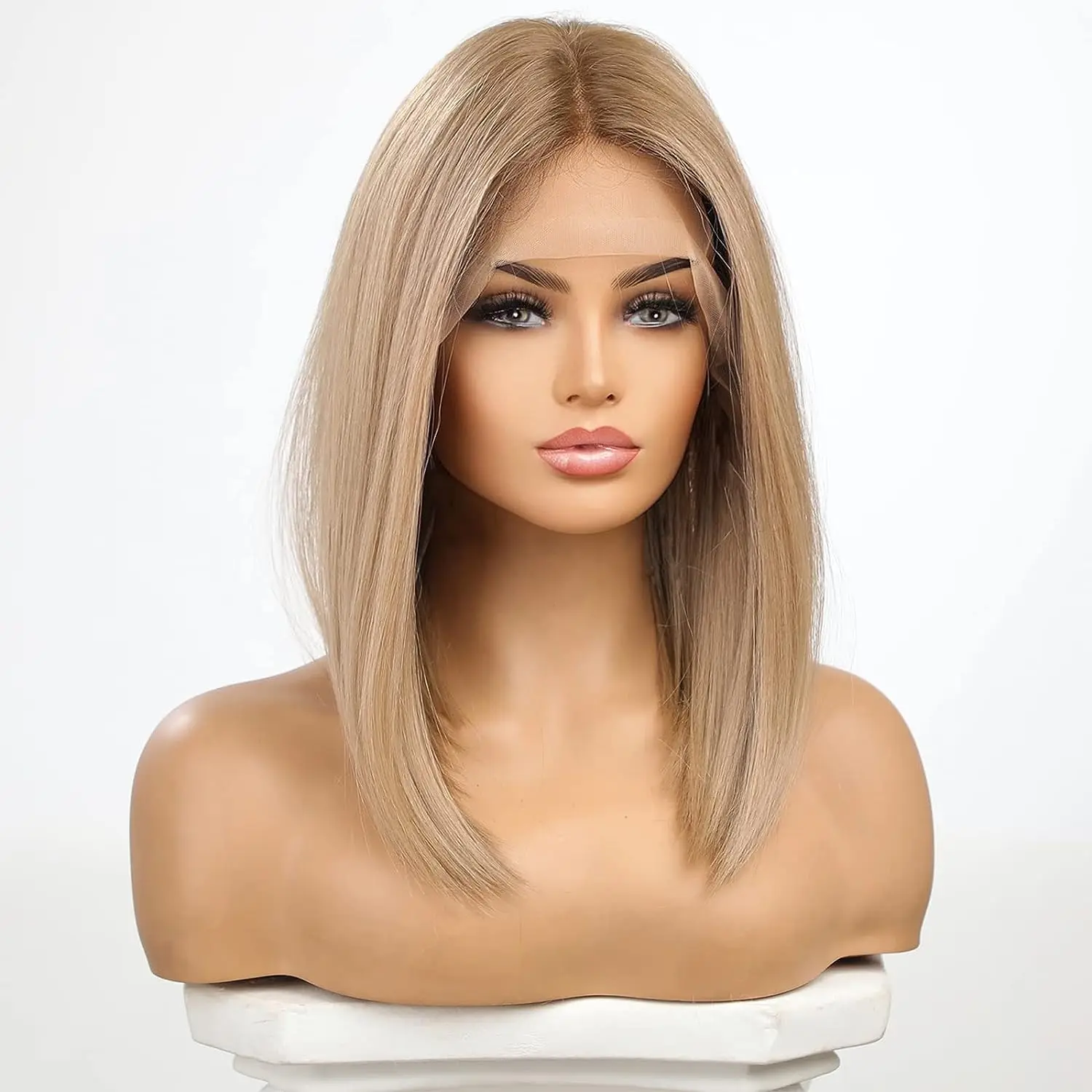 Middle Part Ash Blonde Lace Front Wig Straight Shoulder Length Bob Wig ...
