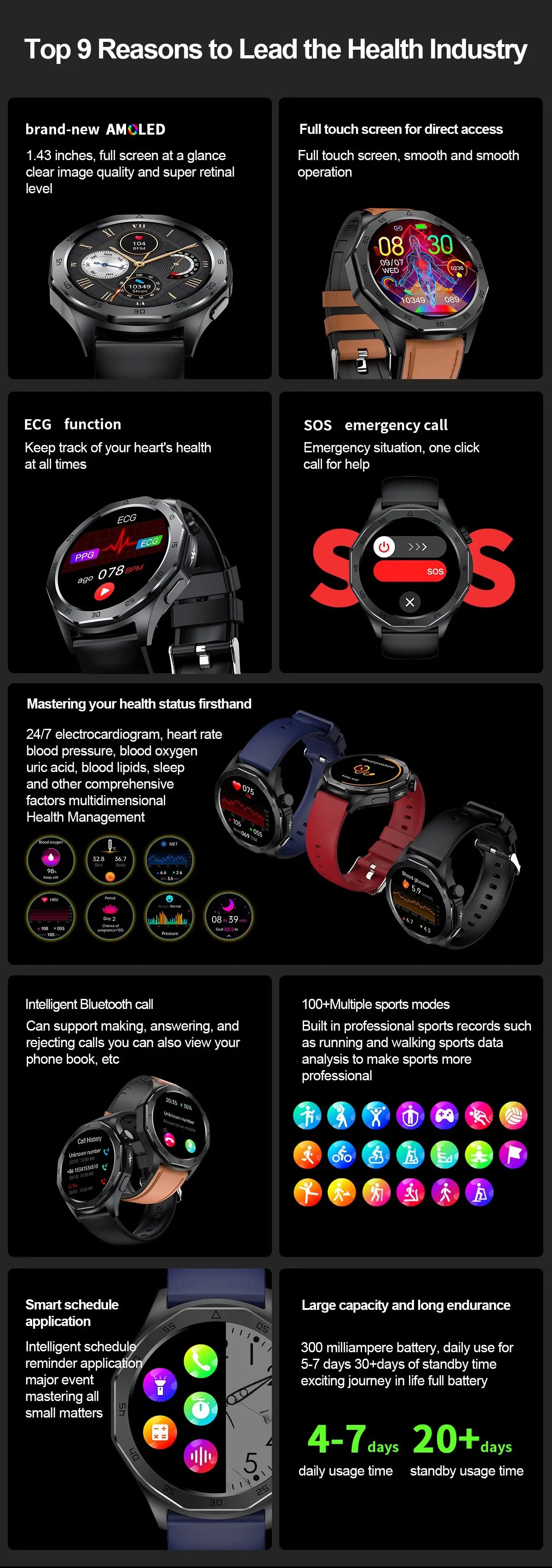Amoled Super Retina Bmi Health Ecg Blood Pressure Smart Watch V480 Ppg ...