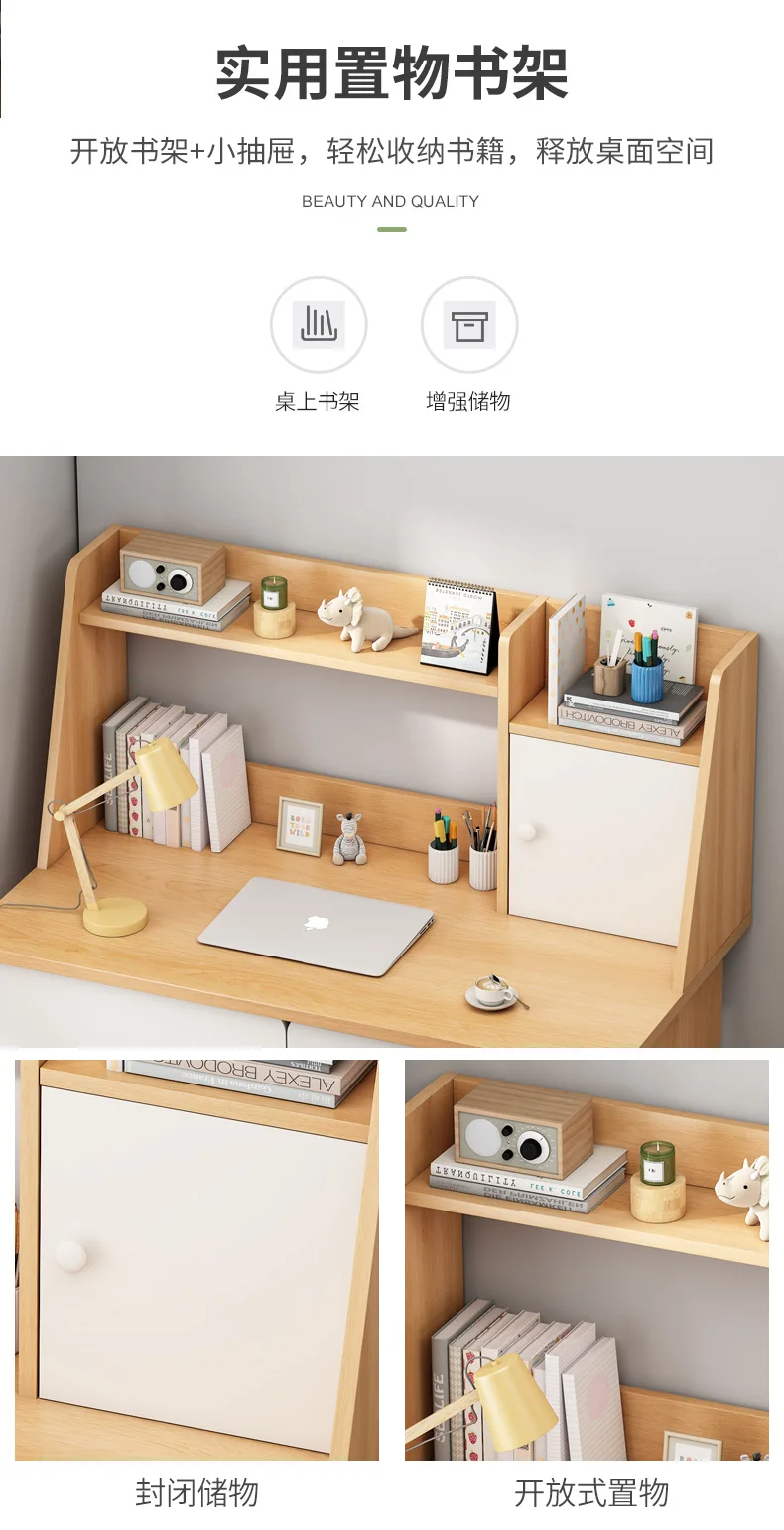 White Computer Desk Wood Room Study Table With Shelf Bookshelf For Home ...
