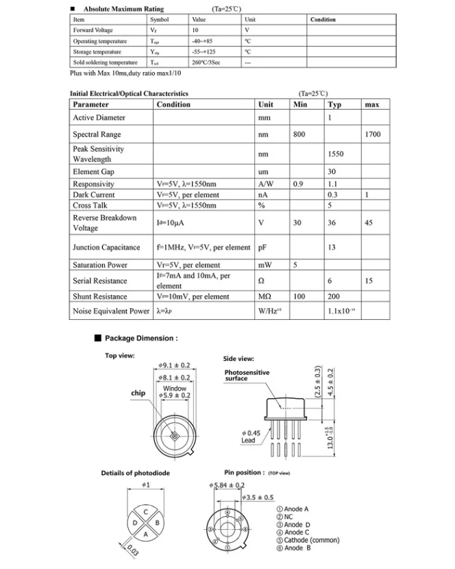 G6849 Ingaas APD Avalanche Diode Quadrant Detector Photodiode