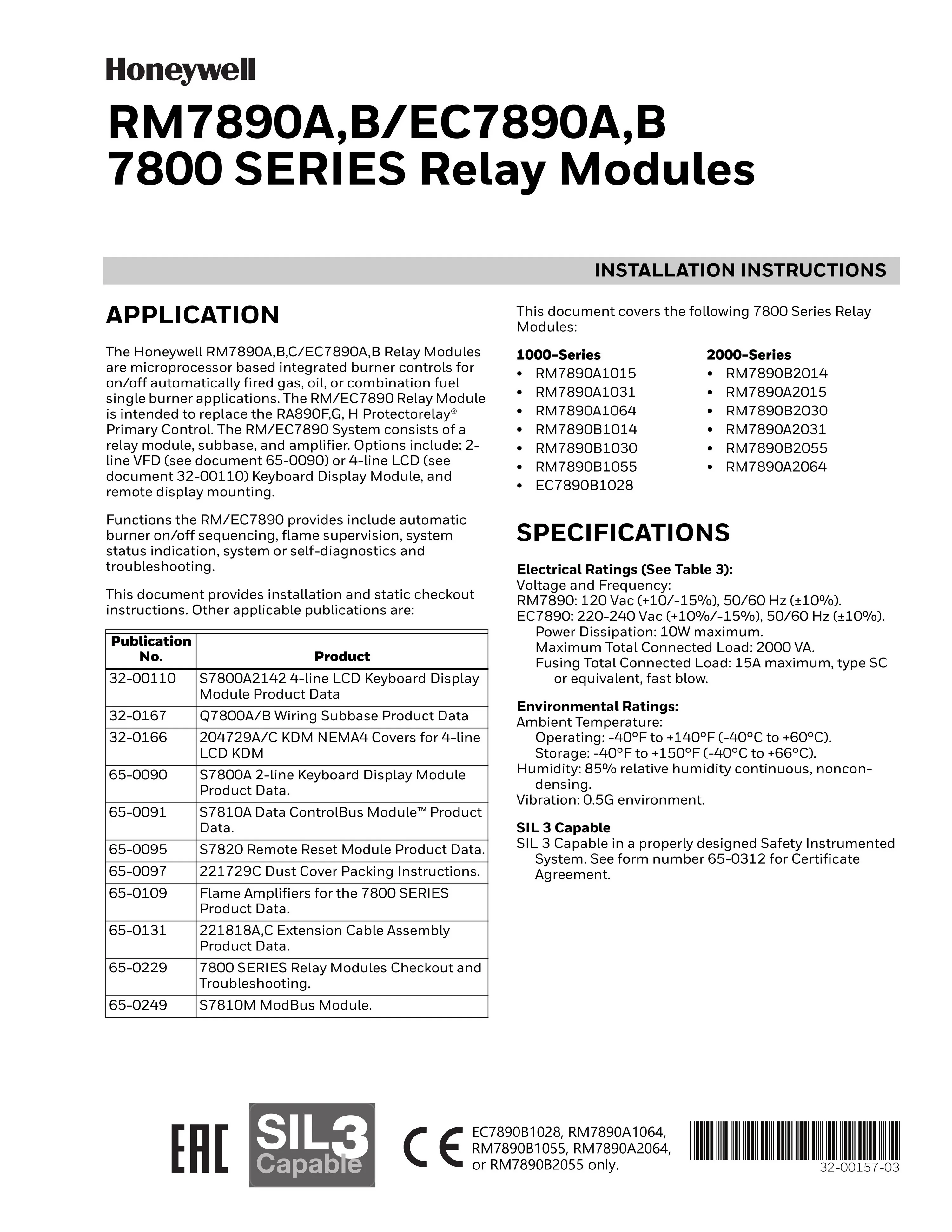 Ec7890b1010 Honyewell Rm7890a,B/ec7890a,B 7800 Series Relay Modules ...