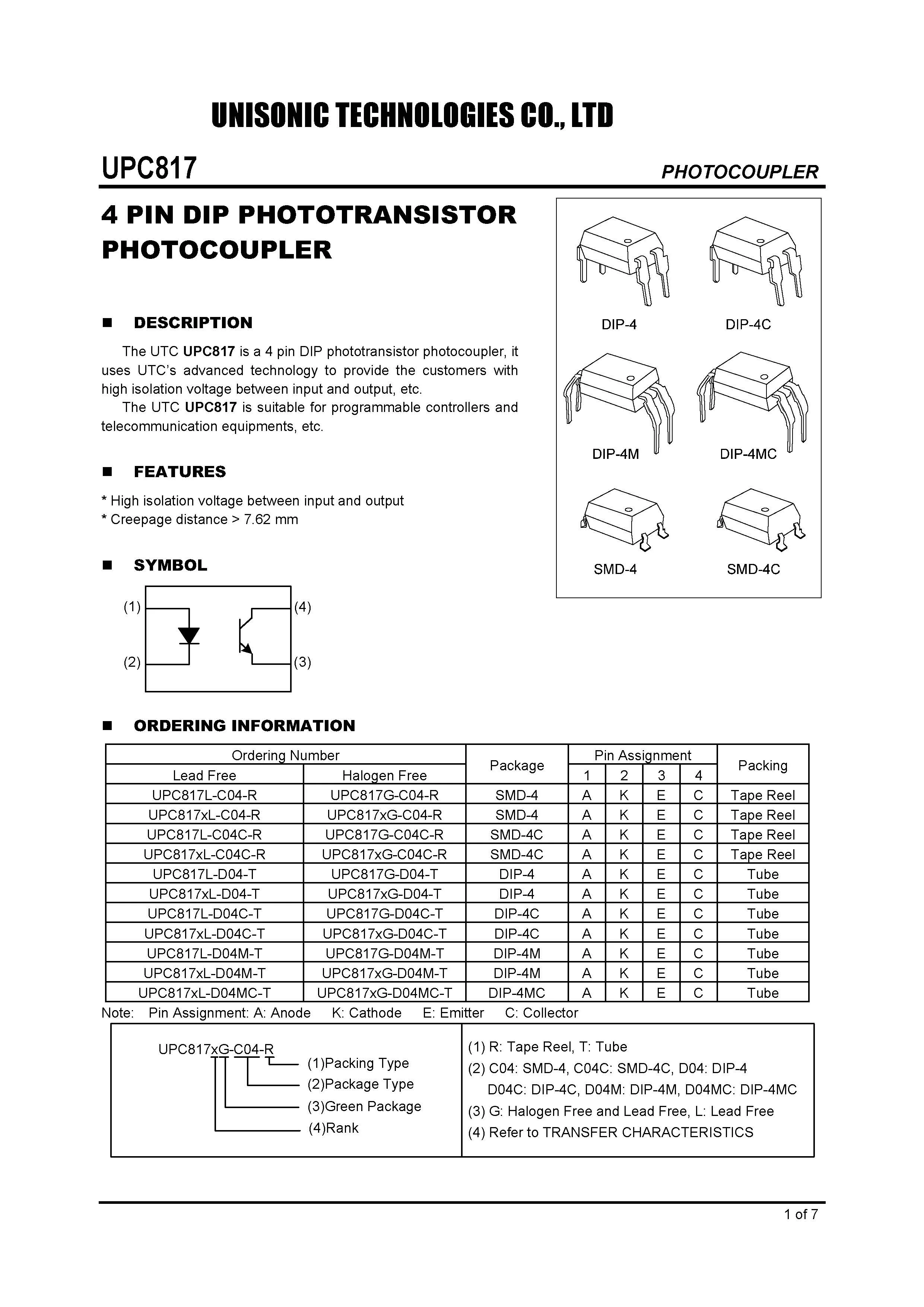 PC817A Photocoupler - 4 PIN DIP, 200mw, 1.2V Forward Voltage