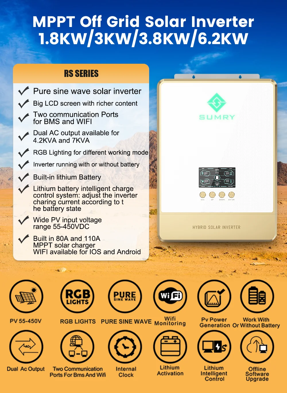 Off Grid Solar Inverter 6200w 48v Pv 55-450v Rgb Lights Wifi Monitoring ...