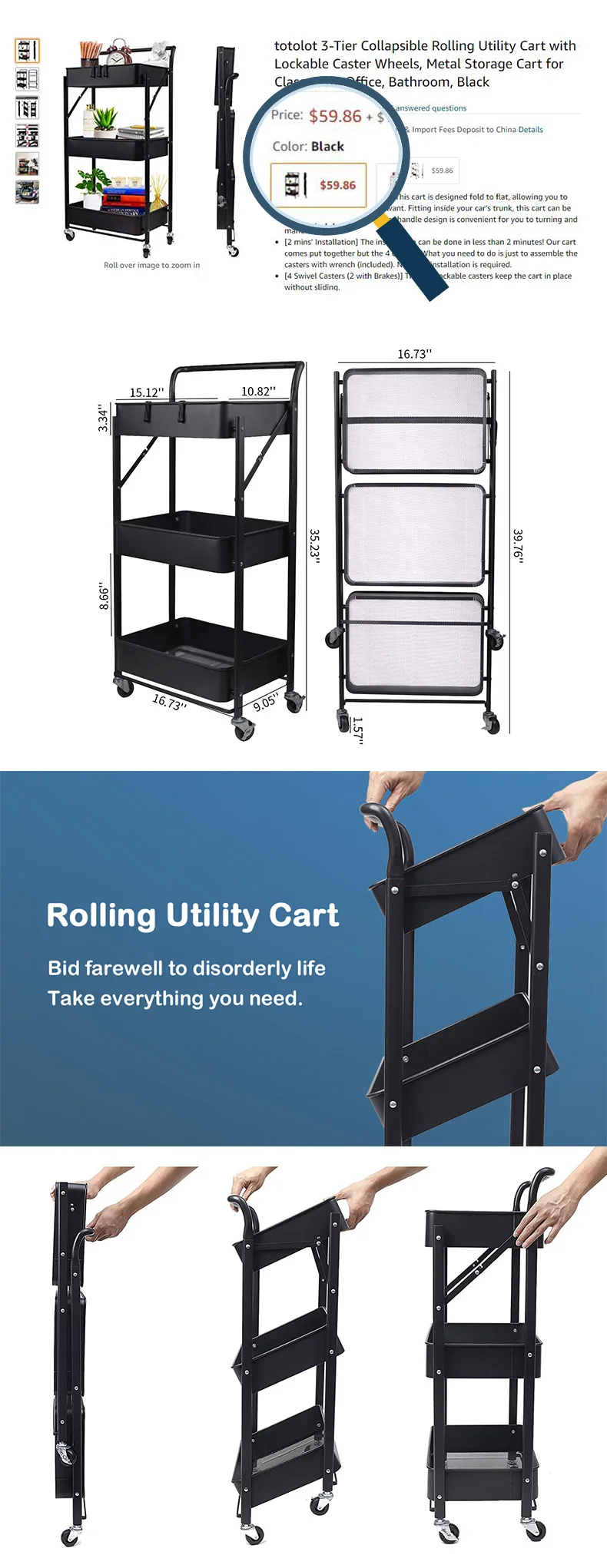 Multifunctional Trolley 3-tier Metal Kitchen Storage Cart Metal Rolling ...