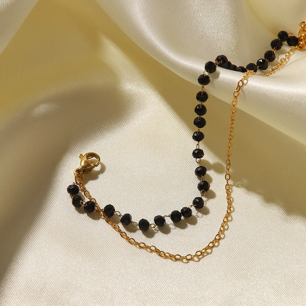 Fashion Stainless Steel Black Beads Glass Stone Double Layer Black ...