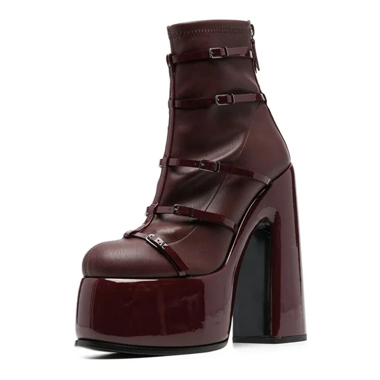 Wine Red Super High Platform Women Block Heels Shoes Belt Buckles Woman ...