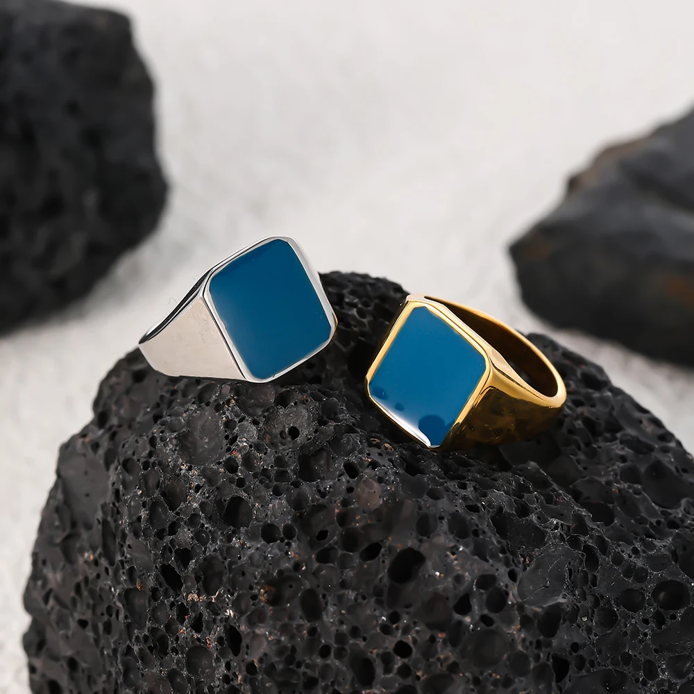 VAF Latest Design Sky Blue Enamel Signet Statement Ring Men's Stainless ...