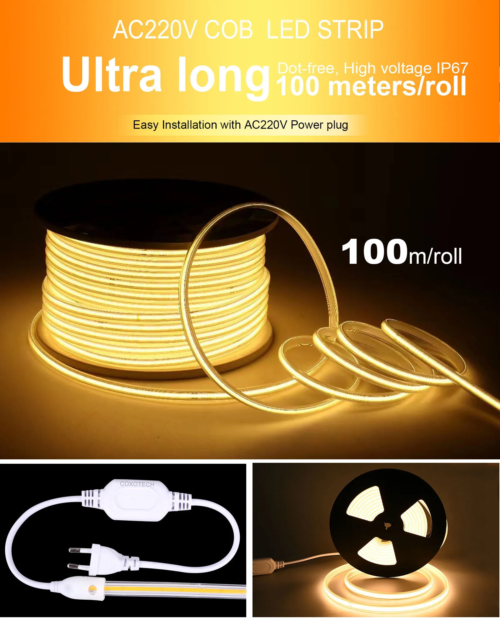 COXO AC220V COB LED Strips - Durable, High-Performance Lighting
