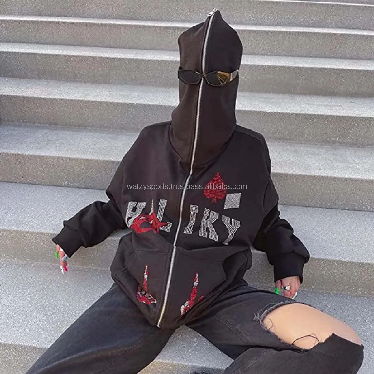 Customized Women's Y2k Full Zip Up Hoodie Over Face Rhinestone Pattern Print Vintage Oversized ...