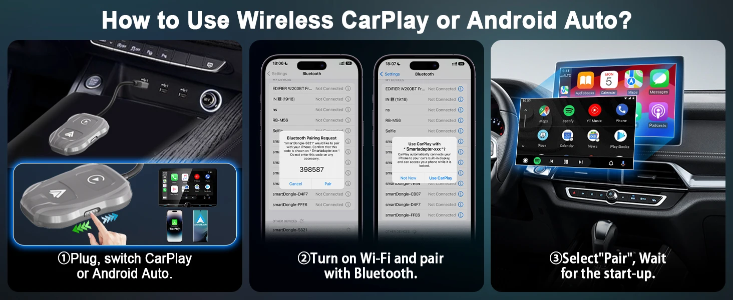 Wireless Android Auto & Carplay Stereo Adapter for Vehicle GPS