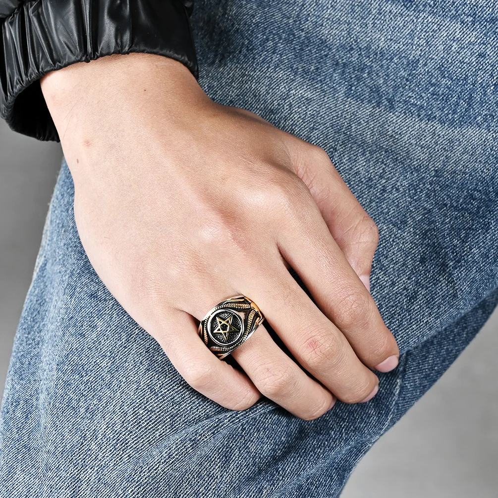 Men Stainless Steel Illuminati Satanic Pagan Pentagram Ring Size 7-13 ...