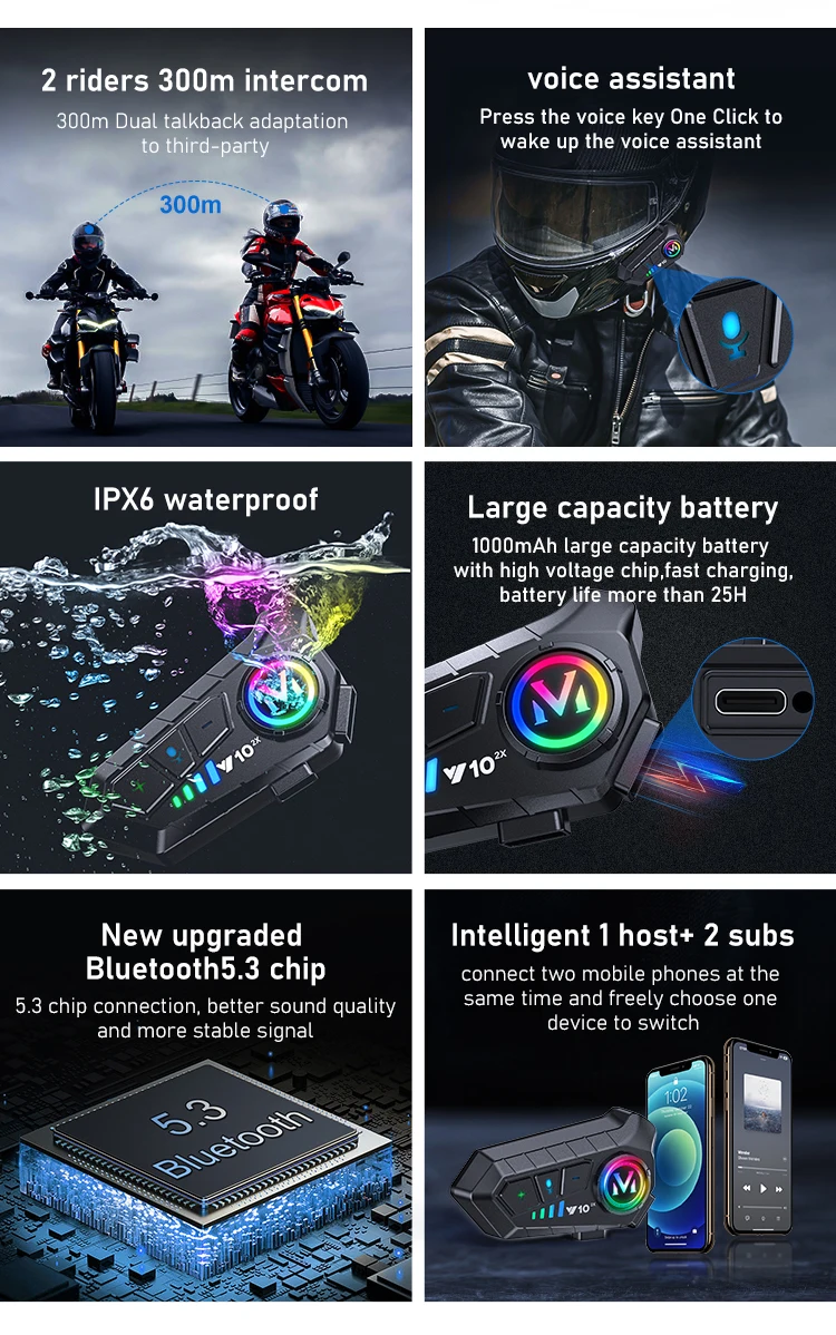 Y10 2X Motorcycle Intercom - Long Lasting Battery Life