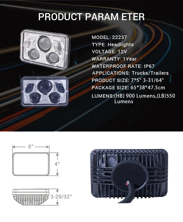 4x7 Inch Headlight PCLens Square DOT High Beam Low Beam Headlamp ...