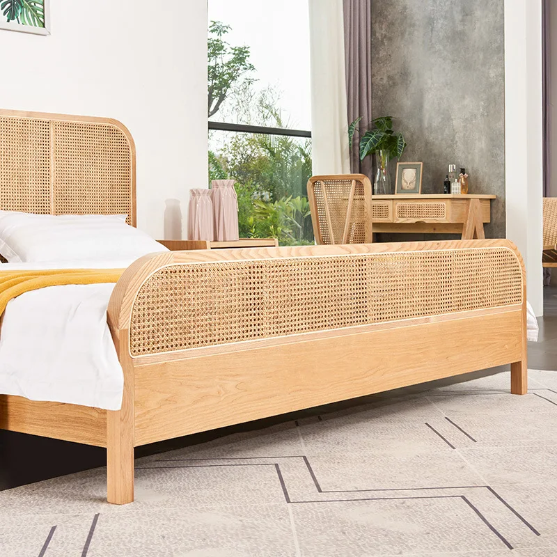 Boho Rattan Bedroom Furniture - White Solid Wood Platform Bed