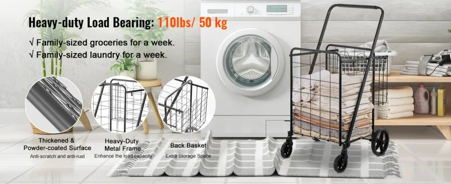 Large Capacity Metal Folding Shopping Cart Jumbo Grocery Utility Cart ...