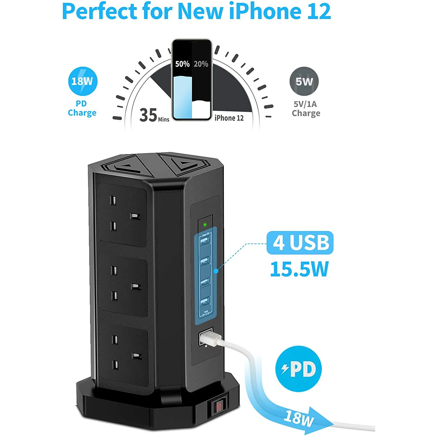 Office Table Power Extension Board - 9AC Outlets & USB Ports